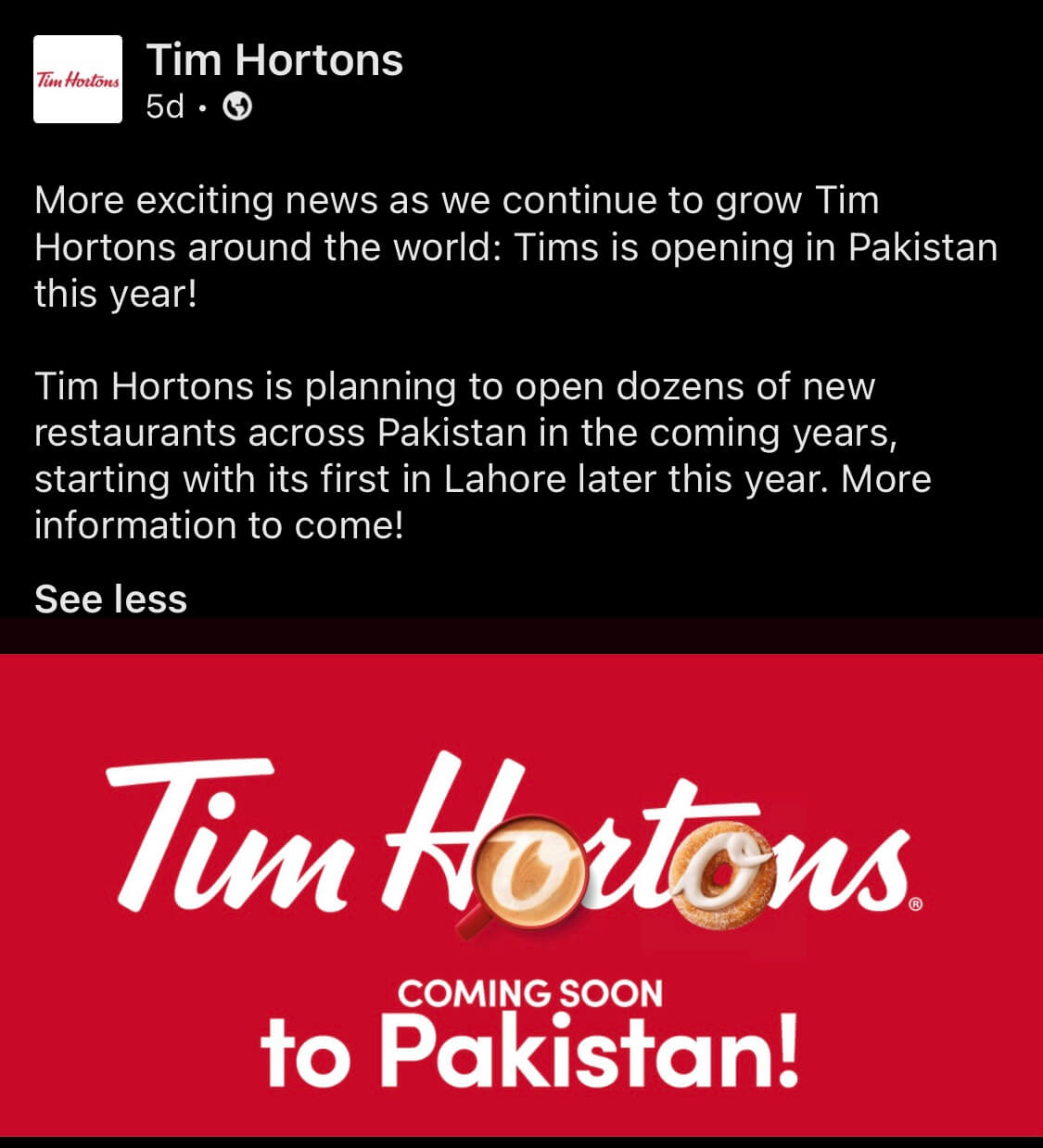 Canadian Restaurant Giant “Tim Hortons” Coming to Pakistan
