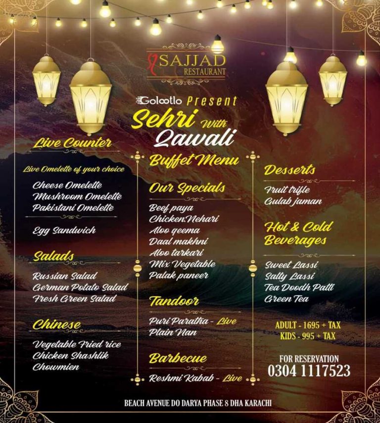 Sajjad Restaurant Sehri & Iftar Buffet 2023 - Menu and Prices