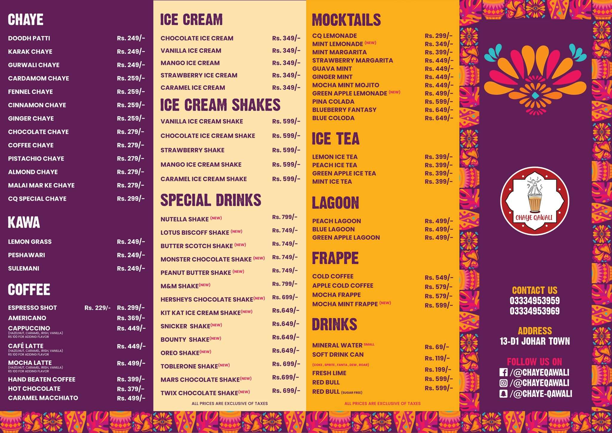 Chaye Qawali Johar Town Menu 2023: Menu & Contact Details